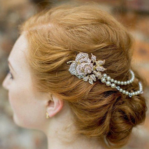 Vintage Style Hair Draping Pearls and Rhinestone Flower Features Anita ...
