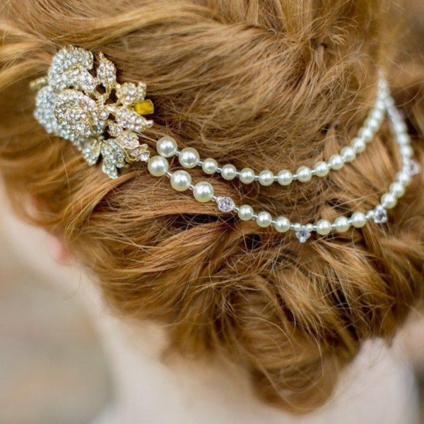 Vintage Style Hair Draping Pearls and Rhinestone Flower Features Anita ...